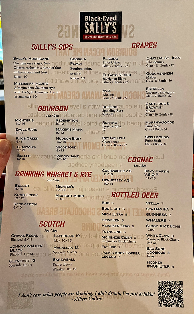 The drink menu reads like a love letter to bourbon enthusiasts. That Albert Collins quote at the bottom? Pure Southern wisdom.