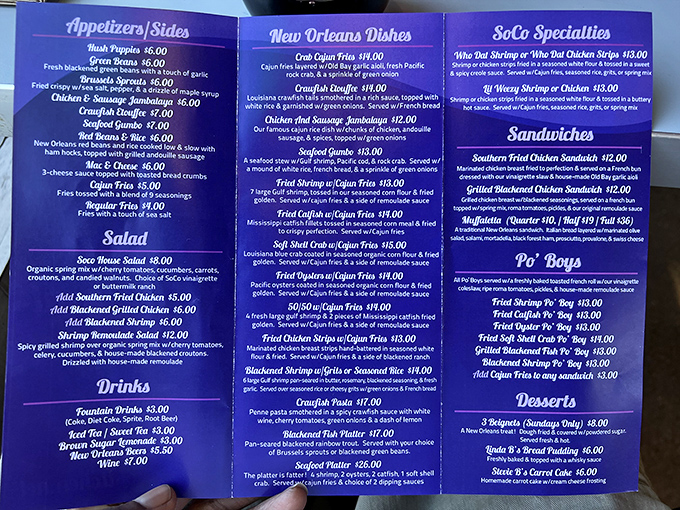 This menu reads like a love letter to New Orleans—each dish promising a direct flight to flavor country.