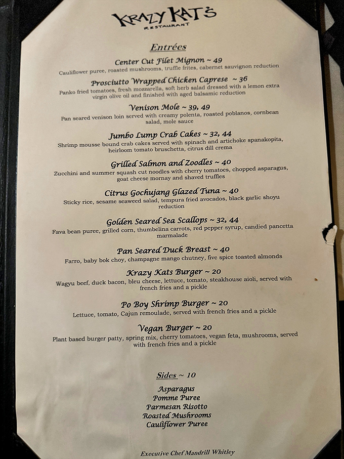 A menu that reads like a love letter to creative cuisine. Each description promises a flavor journey worth every penny.