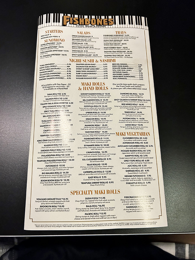 Not just a menu, but a roadmap to culinary bliss. The piano key border tells you they take their jazz as seriously as their jumbo shrimp.
