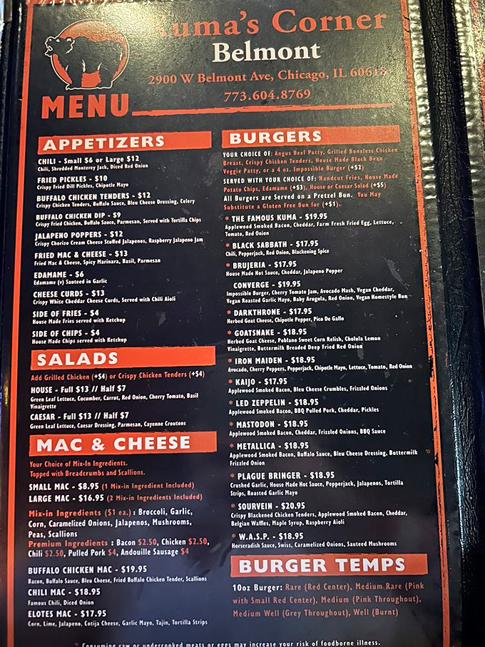 The menu reads like a metalhead's dream playlist, with each burger paying homage to legendary bands. Decision paralysis has never been so delicious.