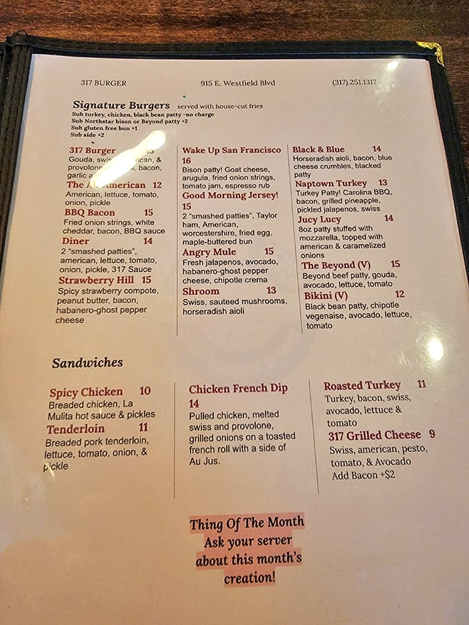 This menu isn't just a list&mdash;it's a roadmap to burger nirvana. Each option reads like a love letter to the art of burger craftsmanship.