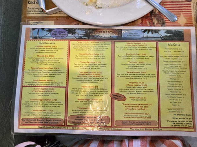 Reading this menu is like discovering a treasure map where X marks the spot for Bananas Foster French Toast.