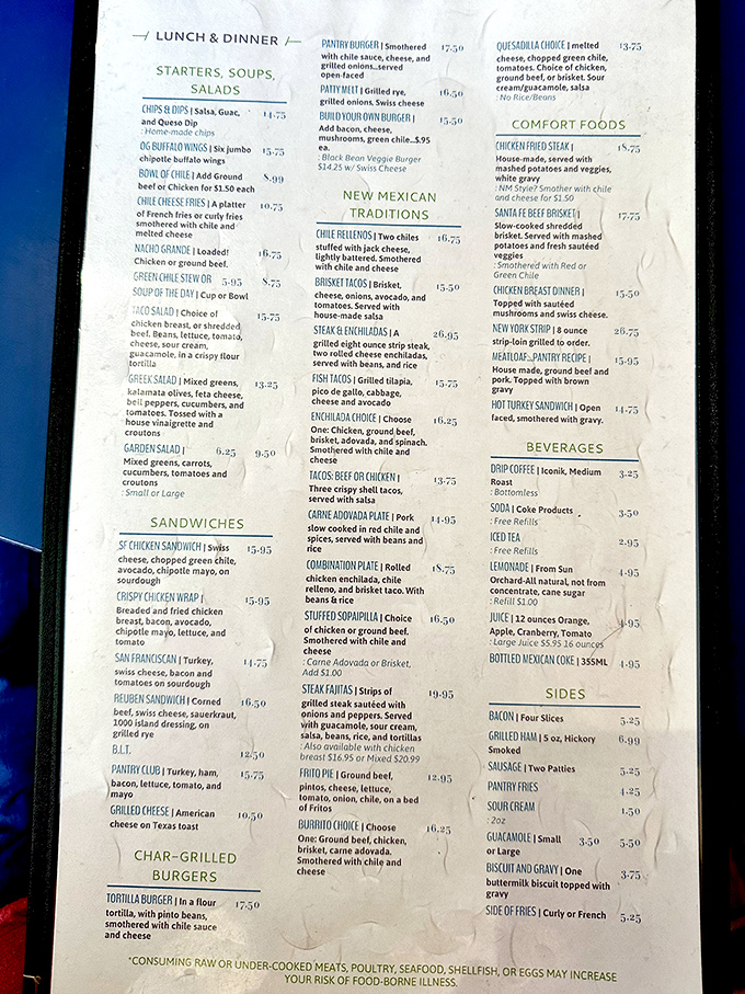 A menu that reads like a love letter to New Mexican cuisine. The real challenge isn't choosing what to eat, but convincing yourself you can't order it all.