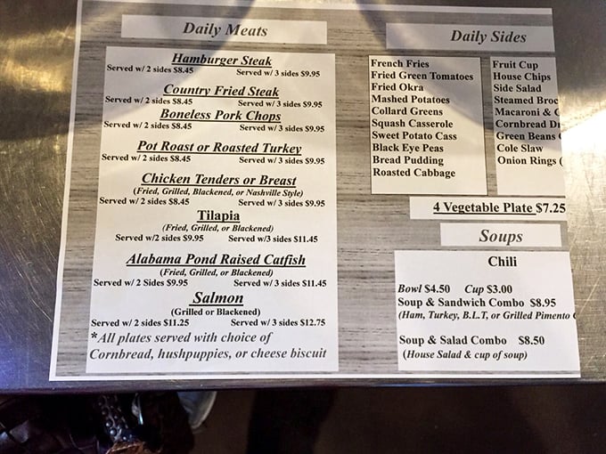 A menu that doesn't need fancy fonts or pretentious descriptions&mdash;just honest Southern cooking that speaks for itself. The daily meats section is calling my name.