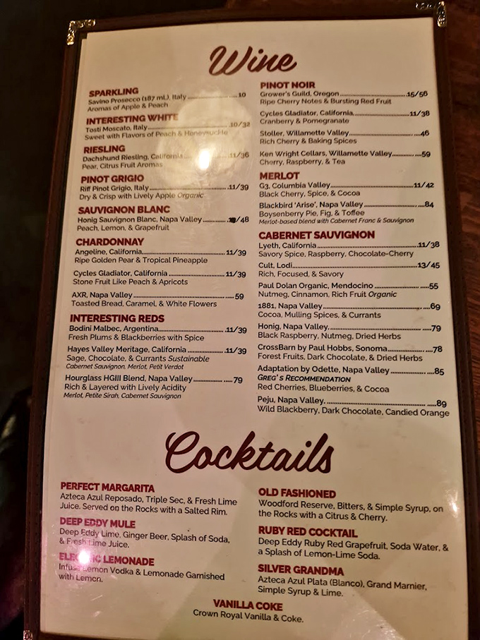 A wine and cocktail menu that doesn't need fancy descriptions&mdash;just solid classics that pair perfectly with a night of carnivorous indulgence.