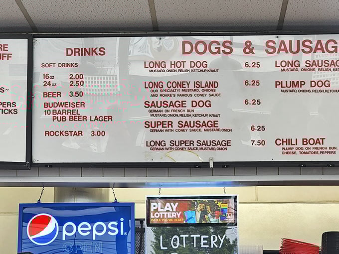 The menu board at Roake's speaks a universal language: no fancy descriptions needed when the food speaks for itself.