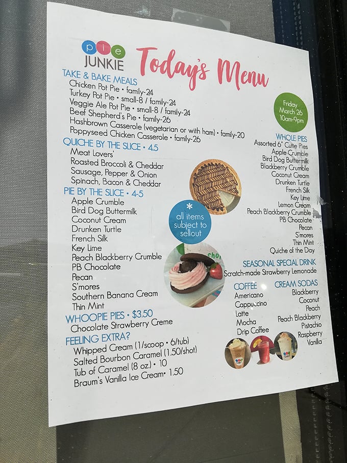 The menu board reveals Pie Junkie's impressive arsenal of flavors, each one a potential life-changing experience waiting to happen.