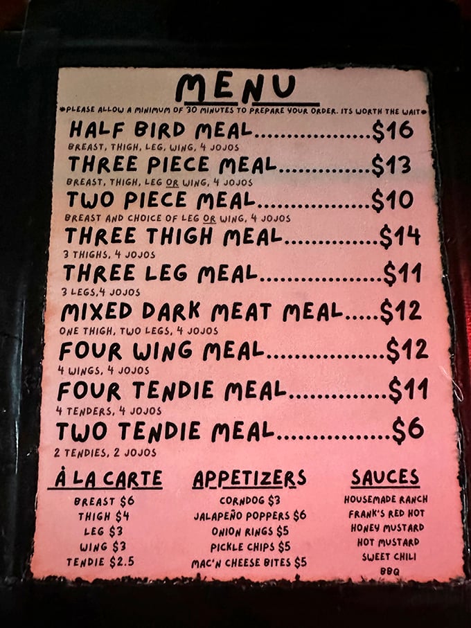 The handwritten menu tells you everything you need to know: great chicken takes time, and "IT'S WORTH THE WAIT" isn't just a suggestion—it's a promise.