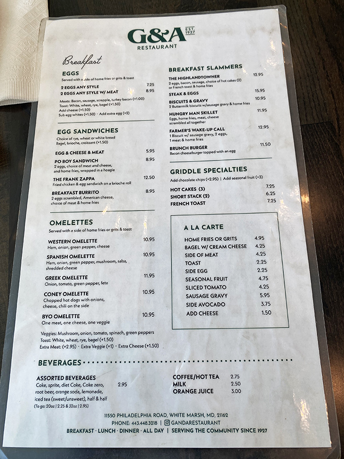 A menu that reads like comfort food poetry. G&A's offerings span from breakfast classics to their legendary Coney dogs, with the Frank Zappa sandwich paying homage to Baltimore's musical genius.