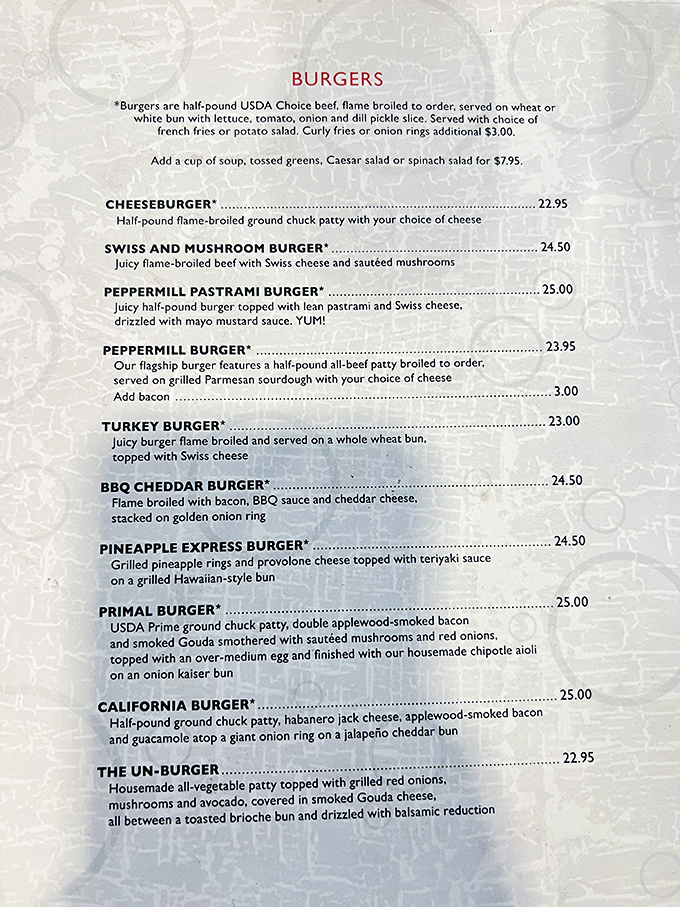 The burger menu reads like poetry for the hungry soul. Each description promises a different path to satisfaction, no matter your carnivorous persuasion.