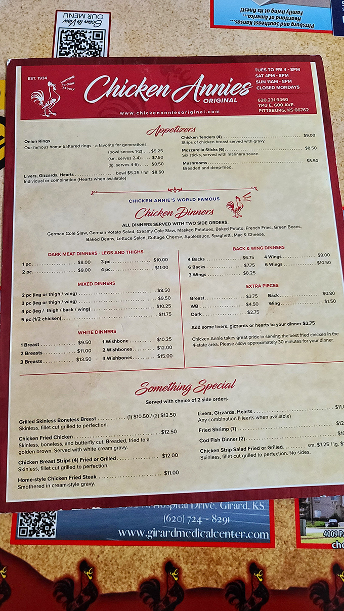 The menu reads like a love letter to fried chicken, with options for every preference from dark meat devotees to white meat enthusiasts.