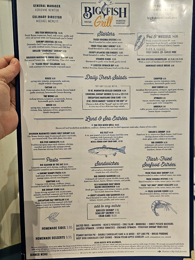 The menu reads like a love letter to the ocean, offering everything from bourbon-marinated jumbo gulf shrimp to homemade peanut butter pie.