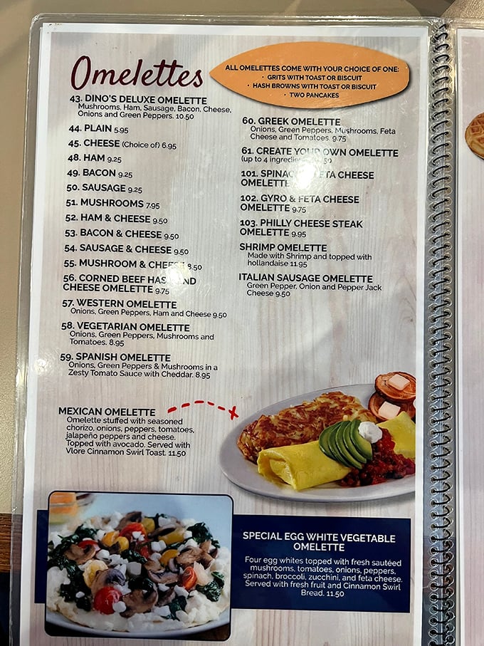 The omelette menu reads like a novel where every chapter ends with "and then they were deliciously full." Choose your own adventure!