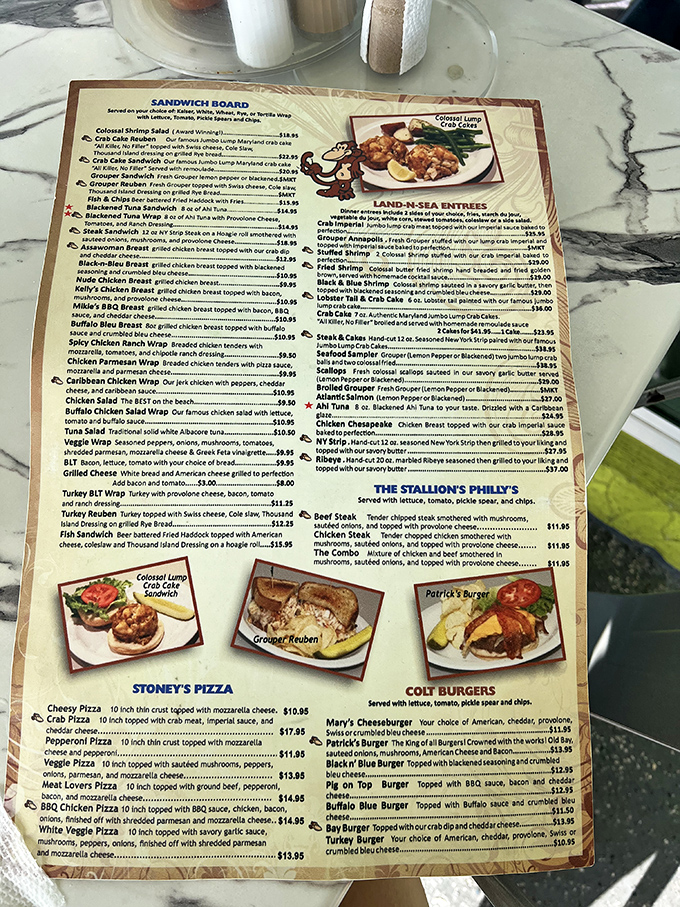 A menu that reads like a love letter to seafood lovers, with those legendary crab cakes front and center where they belong.