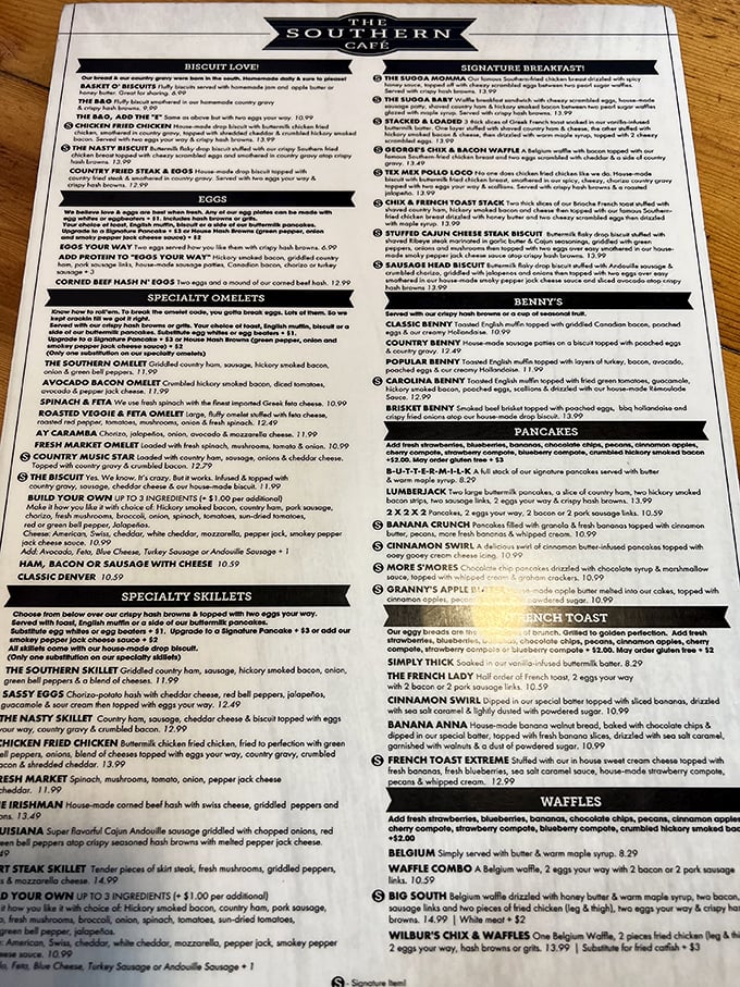 A menu that reads like a love letter to Southern cuisine. Warning: decision paralysis is a real risk here.
