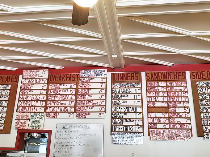The handwritten menu boards at Mickies tell stories of breakfast glory, each item a potential protagonist in your morning narrative.