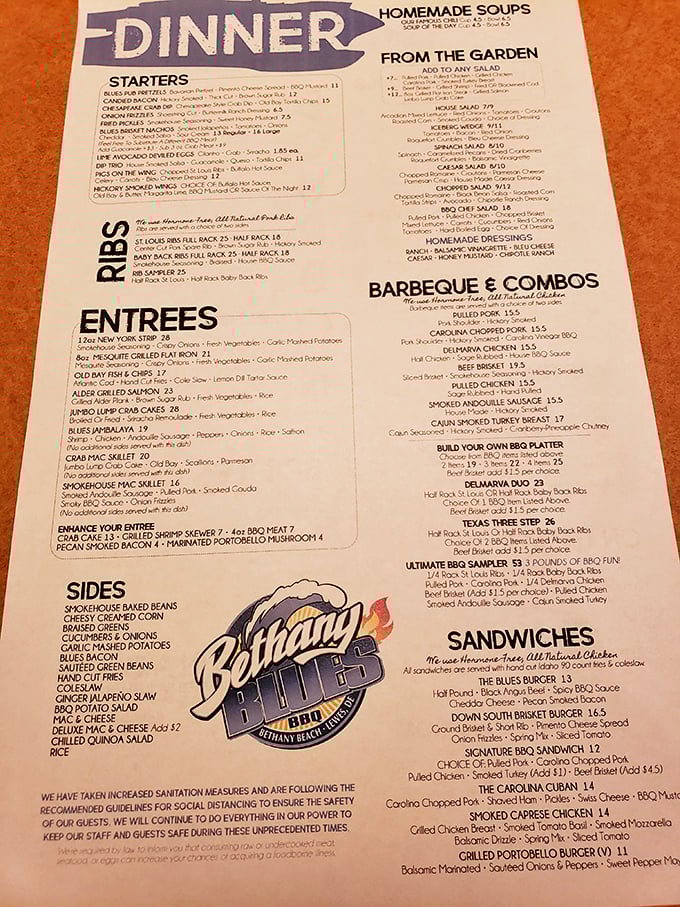 This menu isn't just a list of options&mdash;it's a roadmap to smoked meat paradise. The "Ultimate BBQ Sampler" isn't just a meal, it's a life decision.