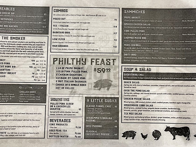This menu isn't just a list&mdash;it's a roadmap to happiness. The "Philthy Feast" isn't just a meal, it's a declaration of carnivorous intent.