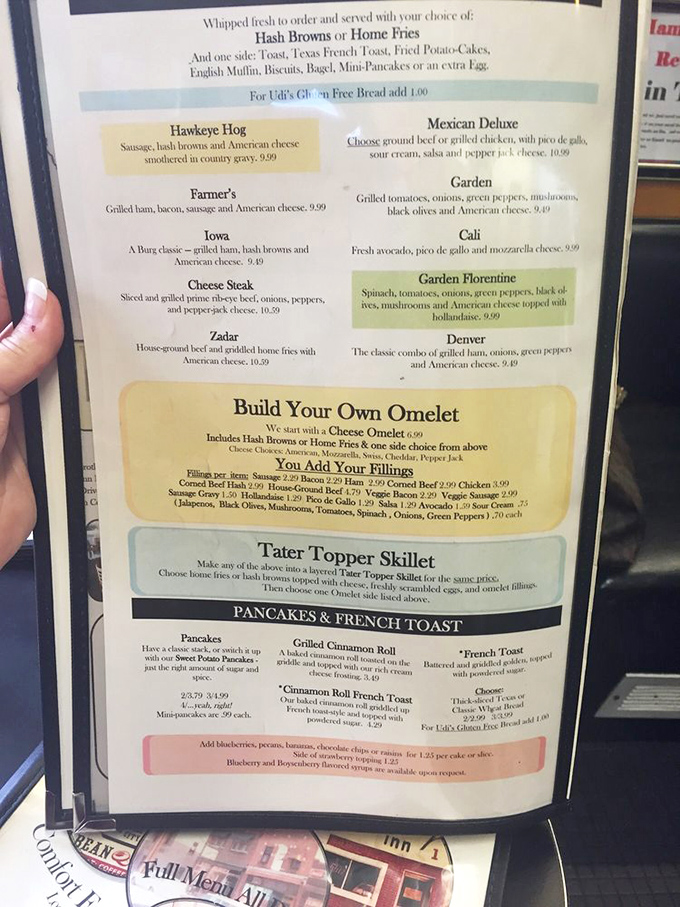 This menu isn't just a list of options&mdash;it's a roadmap to happiness. The "Hawkeye Hog" isn't just breakfast; it's Iowa's edible love letter.