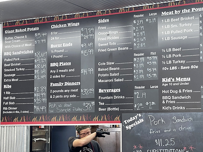 The menu board at Biemer's is like reading poetry for meat lovers. Each line represents hours of smoking expertise and generations of barbecue wisdom.