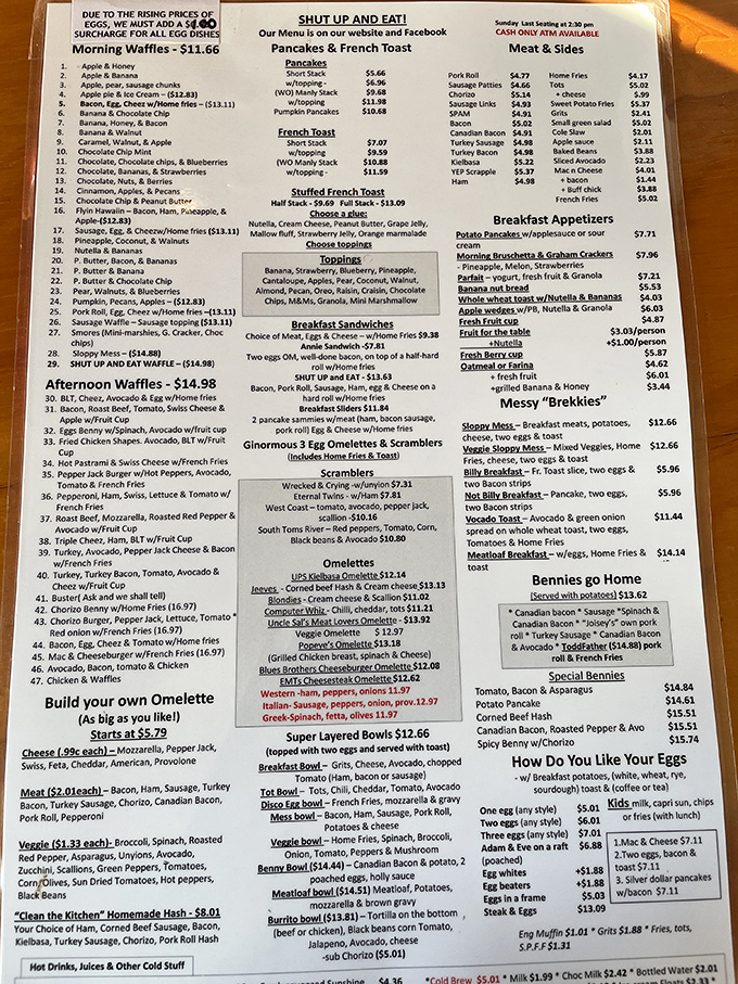 The menu at Shut Up and Eat isn't just extensive – it's practically a novella of breakfast possibilities that requires strategic reading.