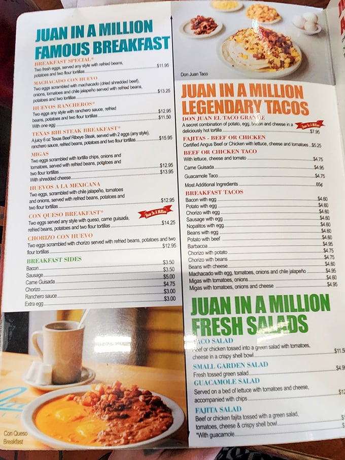 The menu reads like a love letter to Tex-Mex breakfast. Each description promises a plate that could easily feed a small village or one very determined Texan.