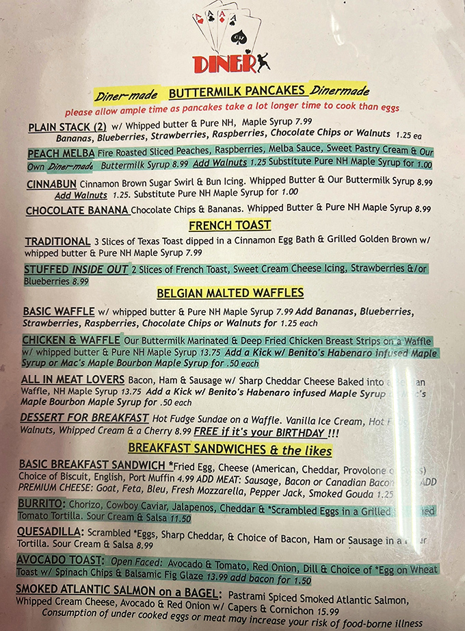 This menu isn't just a list of food—it's a love letter to breakfast, where buttermilk pancakes demand patience and reward it tenfold.