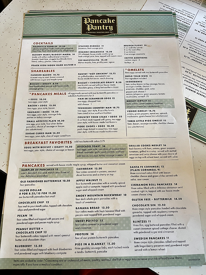 The menu reads like a love letter to pancakes, with 23 varieties that have stood the test of time and countless Nashville hangovers.