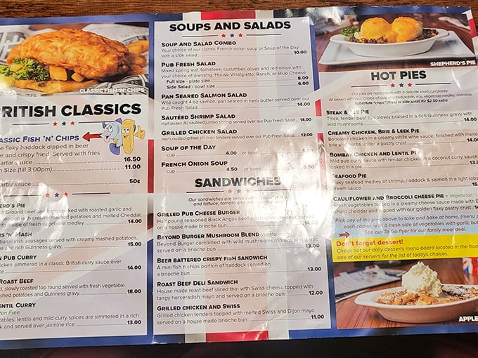 A menu that reads like a greatest hits of British cuisine. From bangers to beef, it's a culinary trip across the pond.