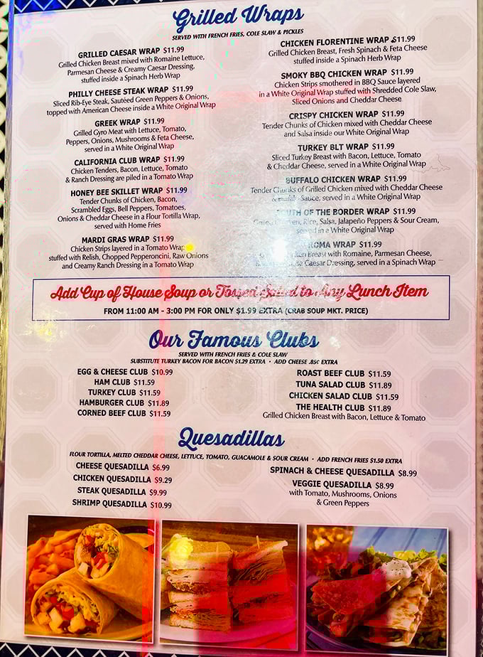 The menu reads like a love letter to American classics, with wraps, clubs, and quesadillas competing for your stomach's attention.