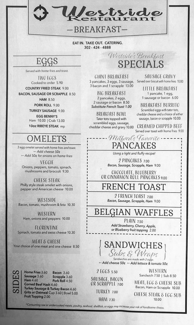 This menu reads like a love letter to breakfast classics. Notice "Milford's Favorite PANCAKES" isn't just marketing&mdash;it's documented fact.