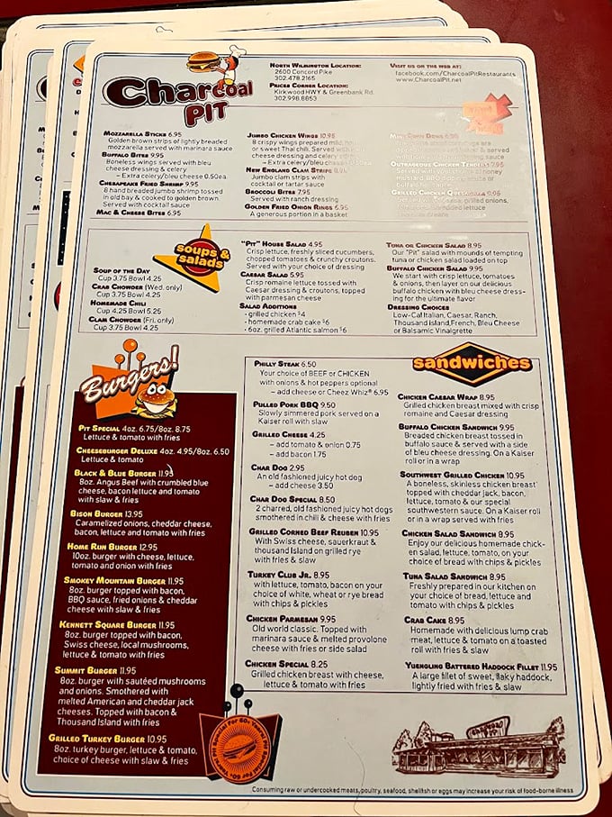 A menu that reads like a greatest hits album of American comfort food. No molecular gastronomy here, just the classics that have kept Delawareans coming back for generations.