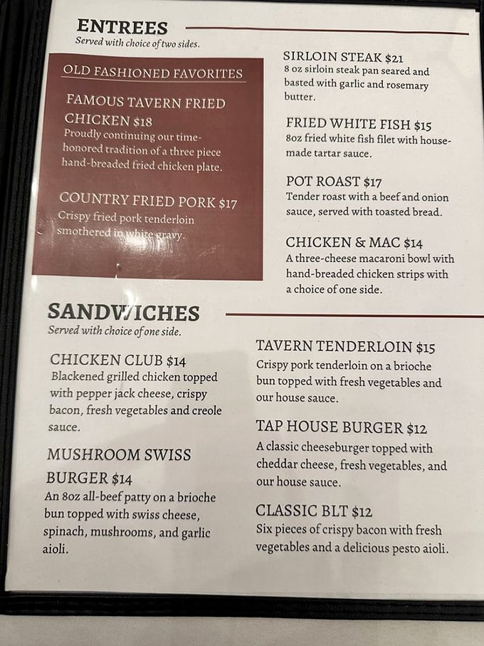 The menu reads like a love letter to Midwestern comfort food, with the famous "Tavern Fried Chicken" stealing the spotlight since long before Instagram.