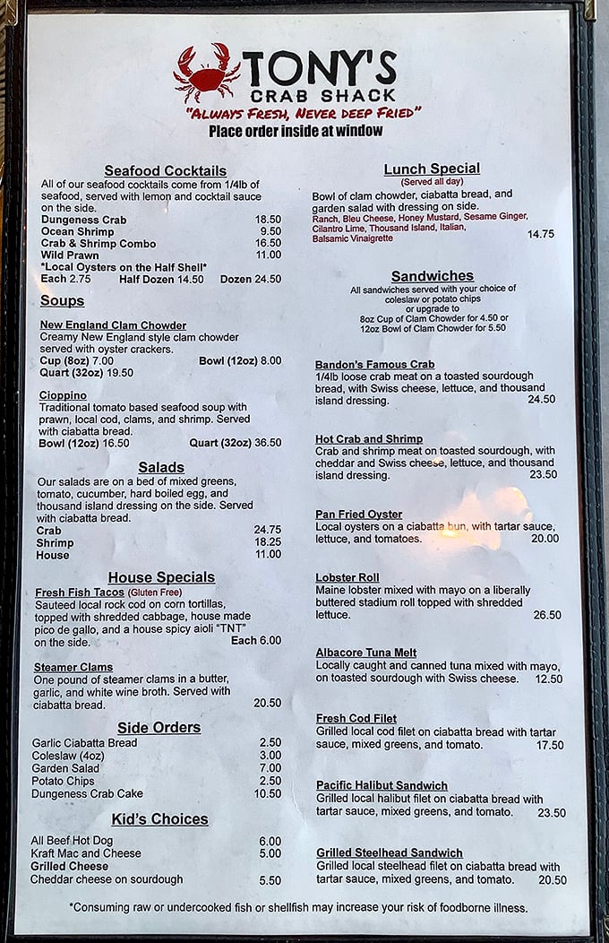 This menu isn't just a list of food&mdash;it's a treasure map to seafood paradise. The hardest part? Choosing just one thing.