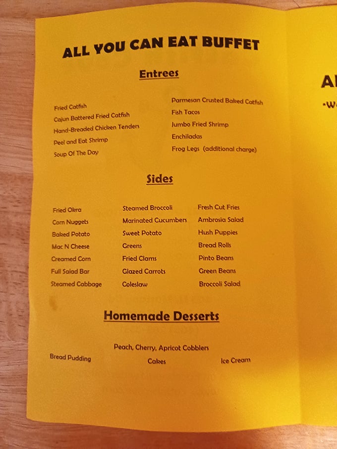 The bright yellow menu reads like a love letter to seafood lovers&mdash;where else in Oklahoma can you find frog legs and fish tacos under one roof?