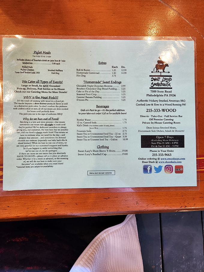 The menu tells you everything you need to know: "Authentic Hickory Smoked American BBQ Cooked Low & Slow." Poetry for the hungry soul. 