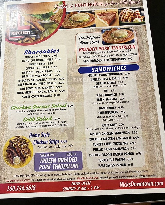 This menu isn't just a list of food – it's a historical document chronicling Indiana's love affair with the breaded pork tenderloin.