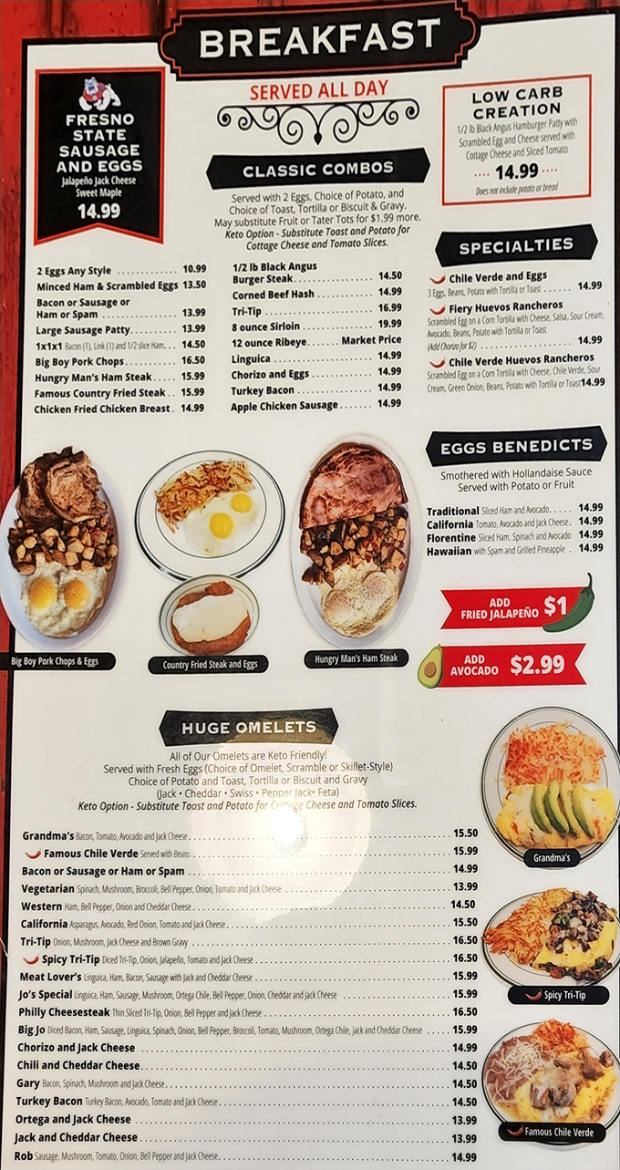 The menu at Jus' Jo's reads like a love letter to American breakfast classics, with that famous Country Fried Steak holding court among the offerings.