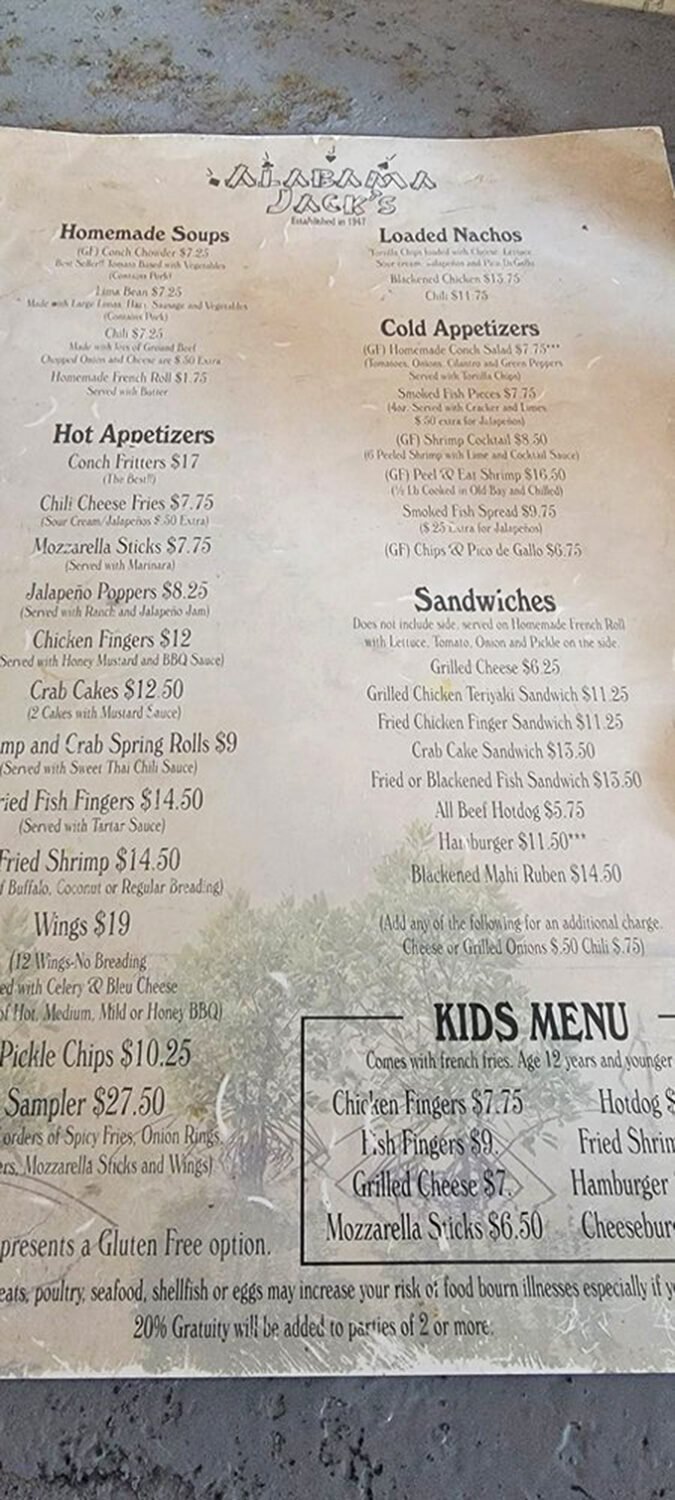 This well-worn menu is like a treasure map where X marks the conch fritters. The smudges? Those are just previous explorers' excitement.