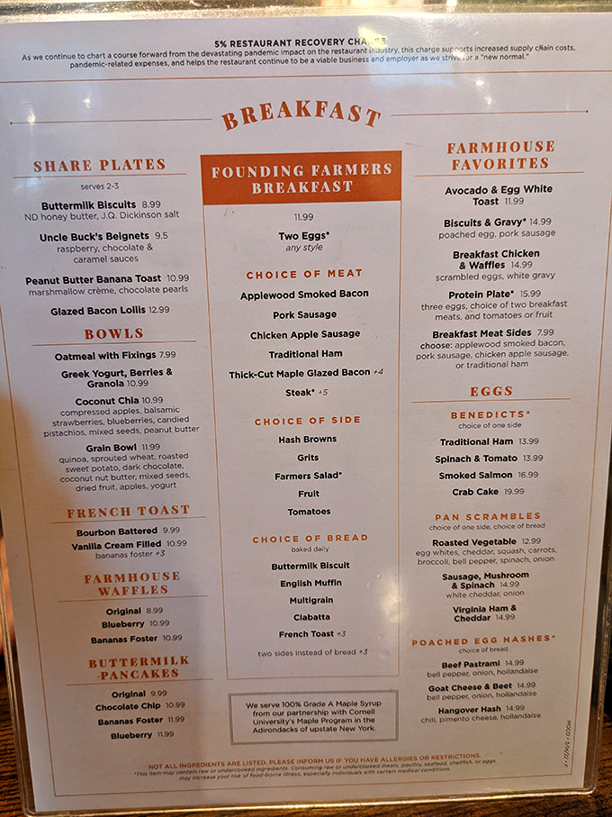 This breakfast menu reads like a love letter to morning indulgence. The real challenge? Choosing just one thing.