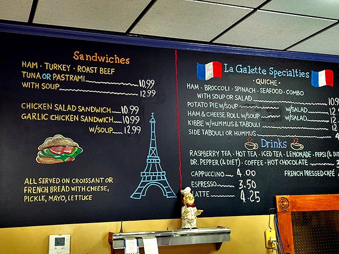 The hand-chalked menu board, complete with Eiffel Tower doodle, offers a tantalizing roadmap to your next food obsession. 