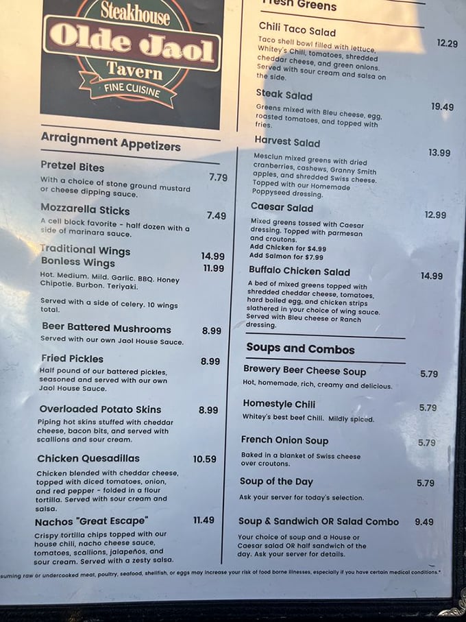 "Arraignment Appetizers" and "Fresh Greens" &ndash; when the menu has a sense of humor, you know you're in for a good time.