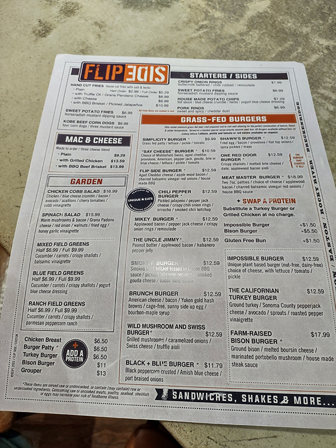 This menu isn't just a list&mdash;it's a roadmap to happiness. The "Grass-Fed Burgers" section is where dreams are made and diets go to die.