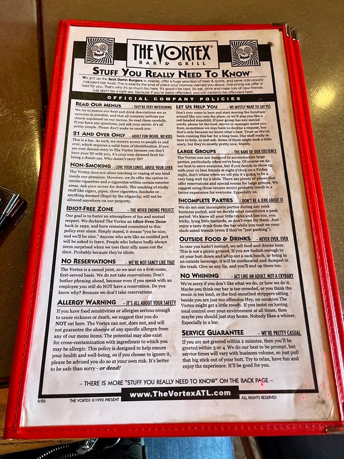 The menu doubles as a manifesto&mdash;part warning label, part comedy routine. Read it before ordering or risk becoming the punchline.