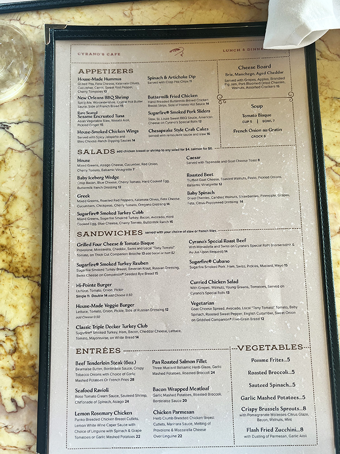 This menu isn't just reading material &ndash; it's a roadmap to happiness with pit stops at Spinach Artichoke Dip and Bacon Wrapped Meatloaf.