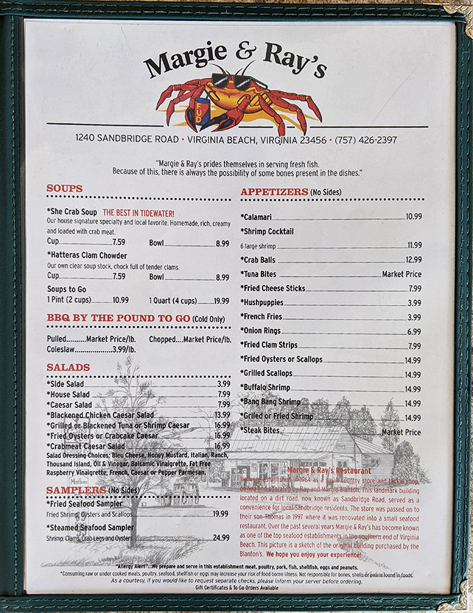 A menu that gets straight to the point: fresh seafood without pretense. Notice that warning about bones? That's honesty you can taste.