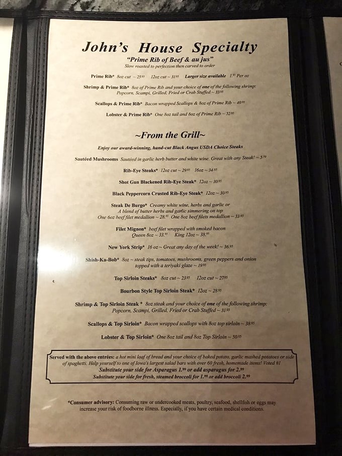 This isn't just a menu&mdash;it's a roadmap to carnivorous bliss. The "John's House Specialty" section should come with a warning: drooling imminent.