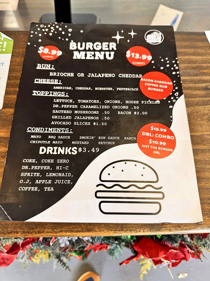 The burger menu reads like poetry to a hungry soul. Dr. Pepper caramelized onions? Now that's the kind of innovation America needs.