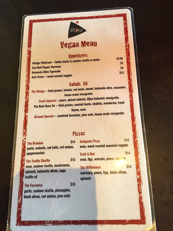 A vegan menu that doesn't feel like punishment? The Wedge proves plant-based pizza can be indulgent with creative combinations like "The Truffle Shuffle."